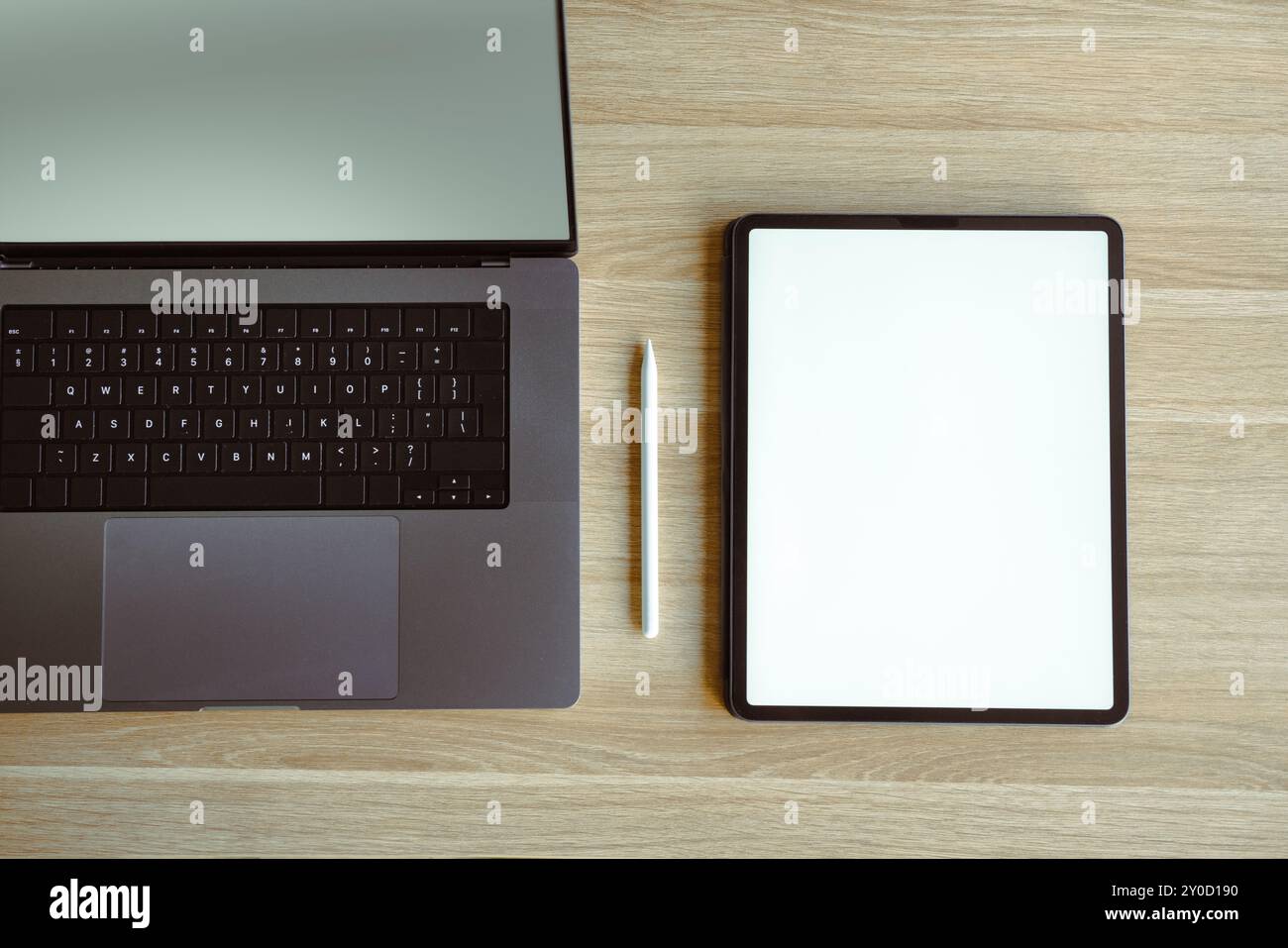office equipment laptop graphic tablet empty screen mockup top view ...