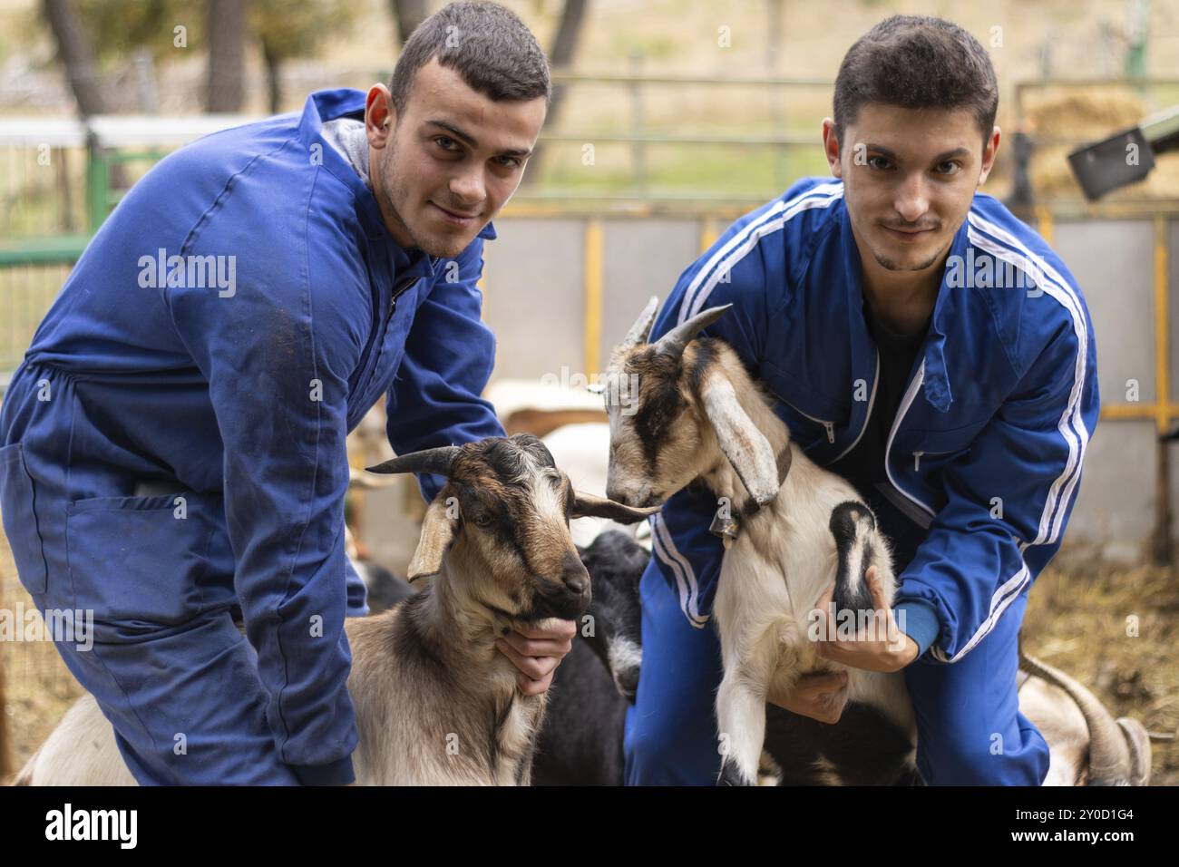 Portrait of two young livestock farmers with their goats in their ...