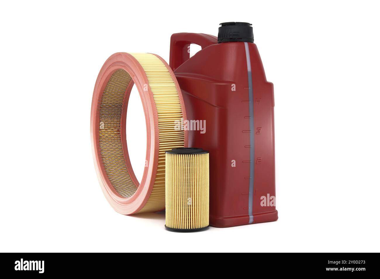 Red motor oil canister and filter isolated on white background ...