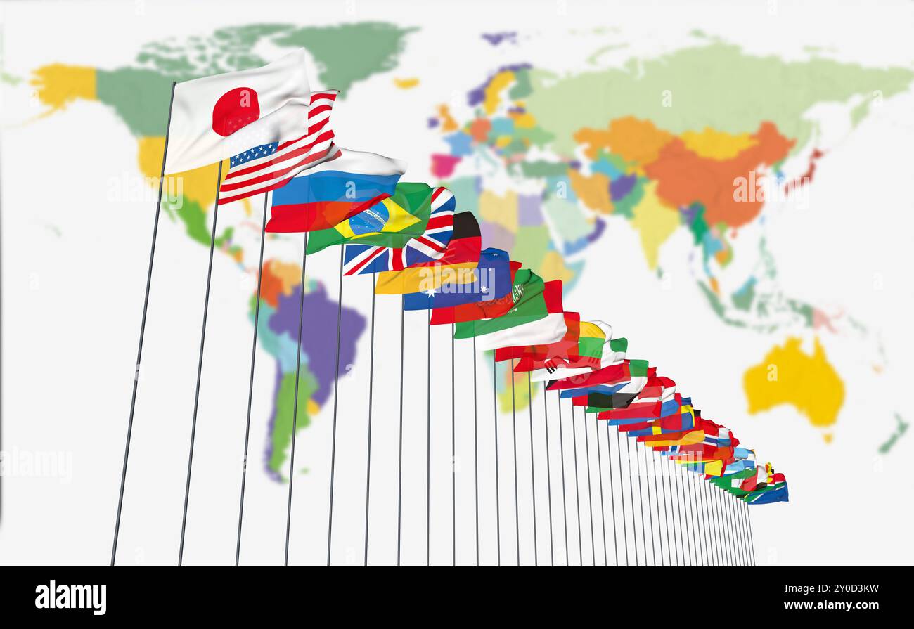 Flags of all nations and world map Stock Photo - Alamy