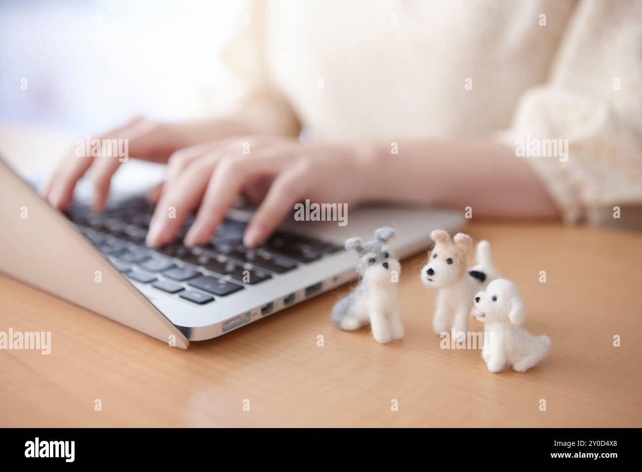 Doll of a dog and hands of a woman tapping computer keys Stock Photo ...