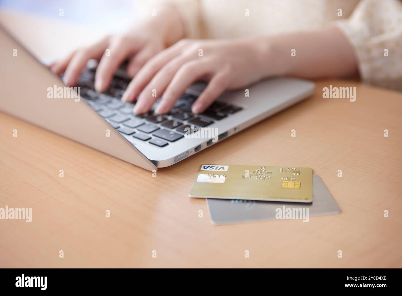 Credit card and a woman using a computer Stock Photo - Alamy