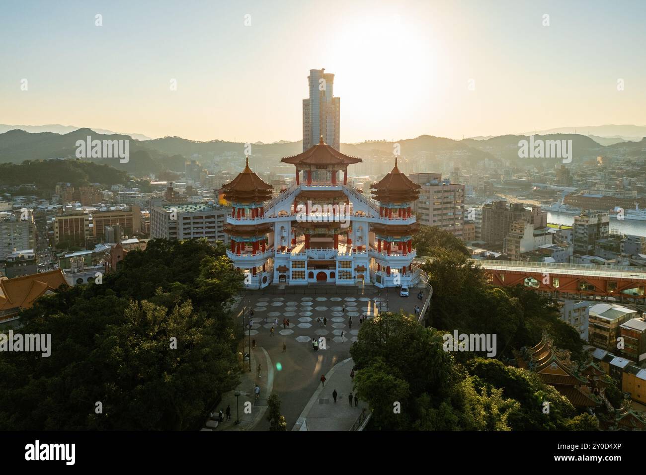 Aerial view of Zhupu Altar and keelung tower in northern Taiwan at dusk ...