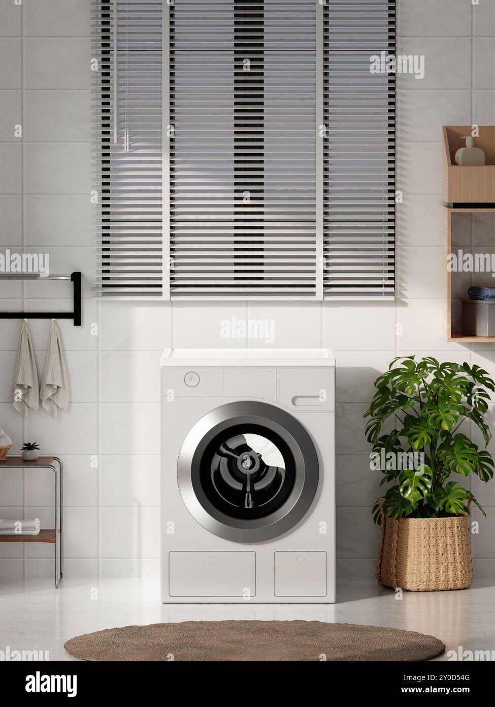 Modern Laundry Room with Washing Machine and Greenery - Functional ...