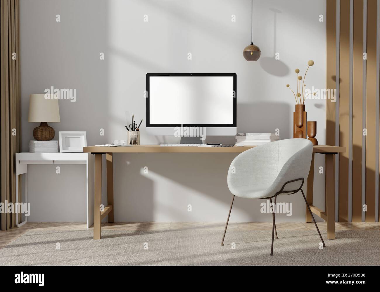 Elegant Office Desk with Computer and Chair - Professional Workspace 3D rendering Stock Photo ...