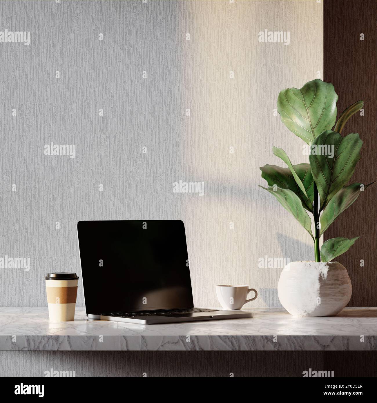 Minimalist Workspace with Laptop and Plant - Calm Work Environment 3D ...