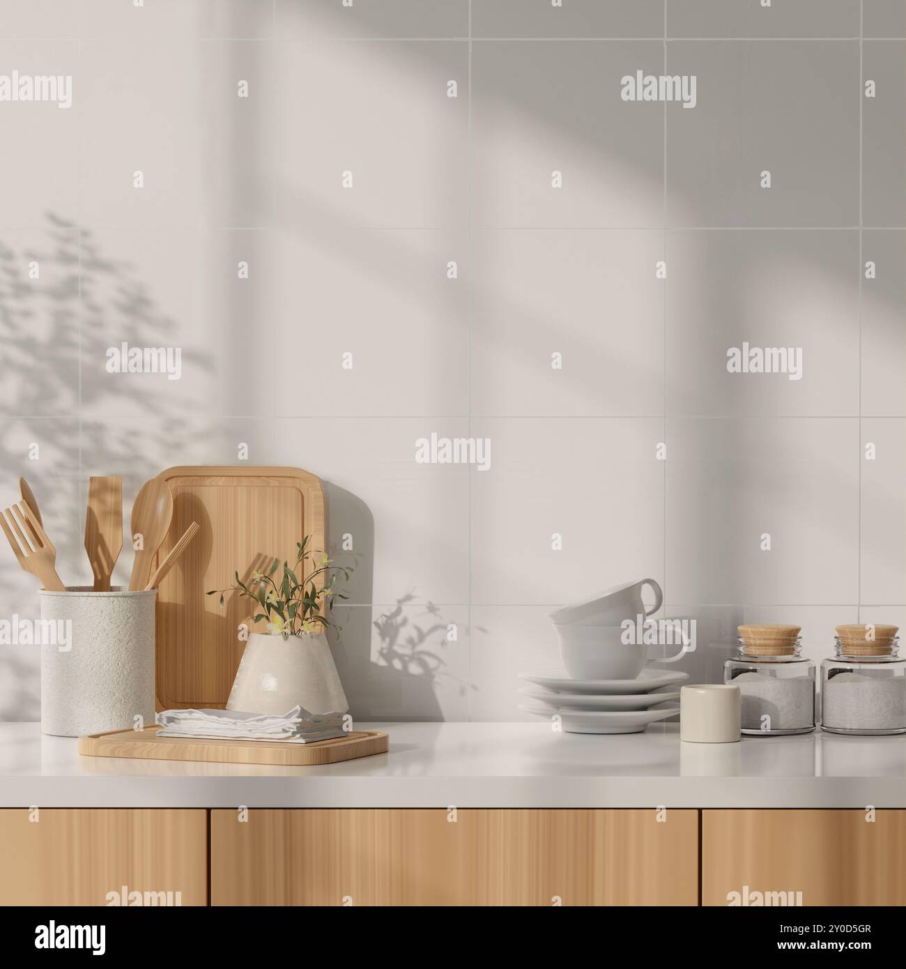 Minimalist Kitchen Counter with Utensils and Dishes - Clean Design 3D ...