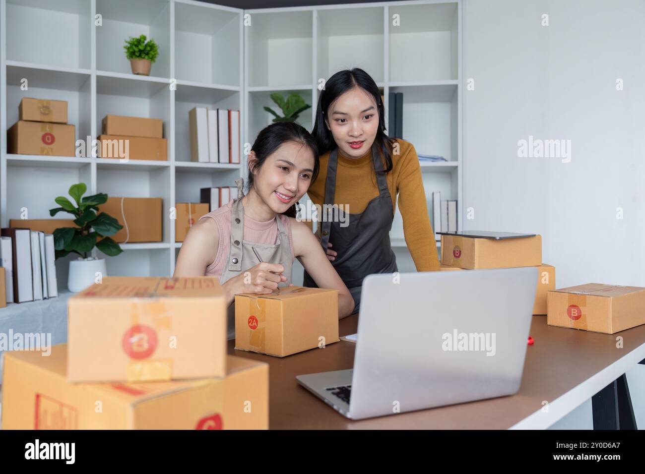 Female team preparing and labeling packages for shipment Stock Photo ...