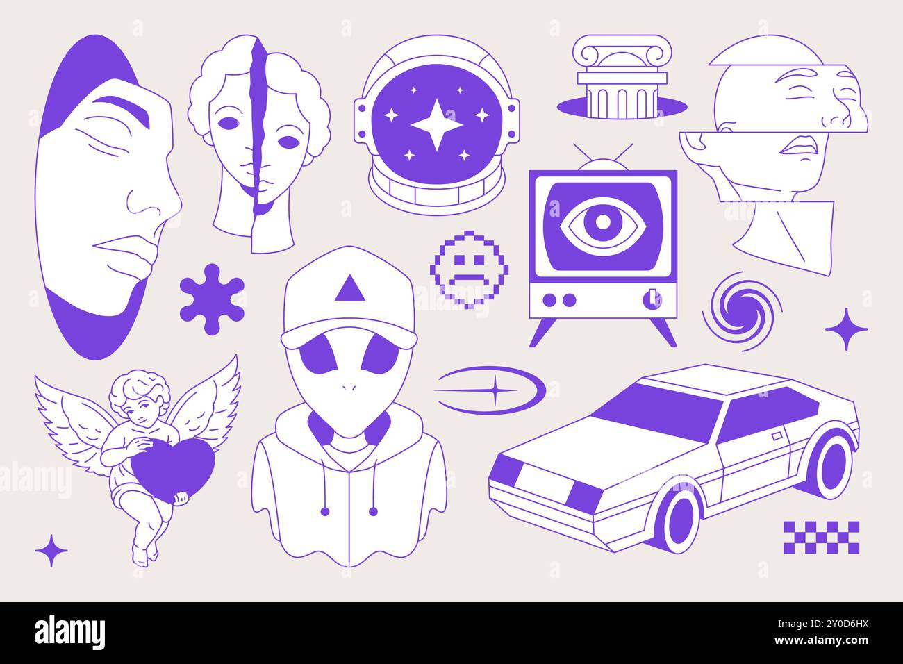 Y2k neo gothic psychedelic blue sketch comic retro groovy icon set ...