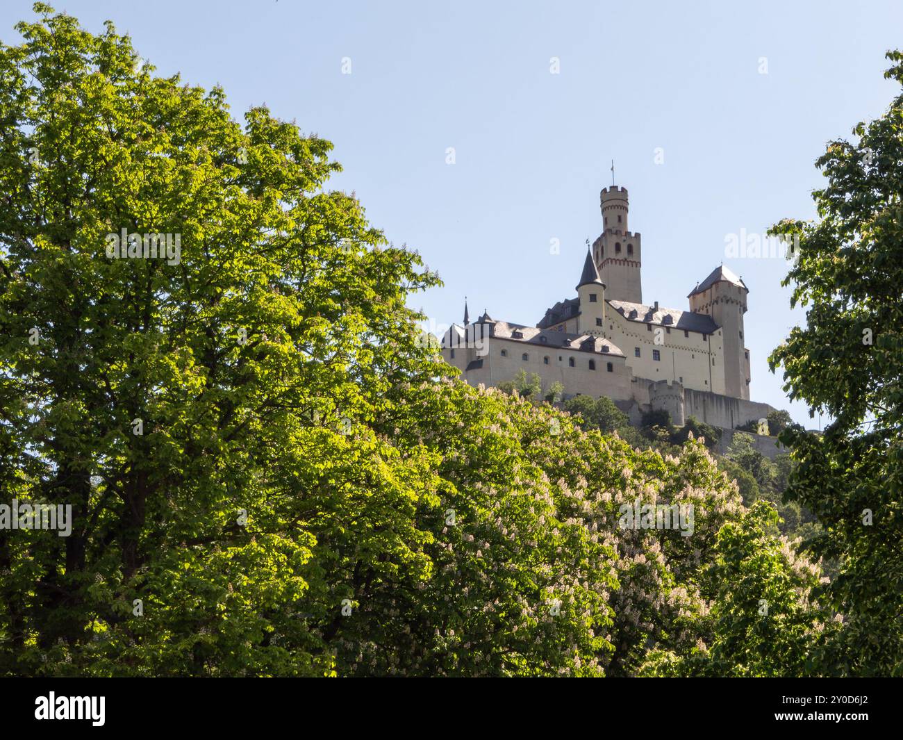 The majestic castle Marksburg, located to the Rhine river in Germany ...