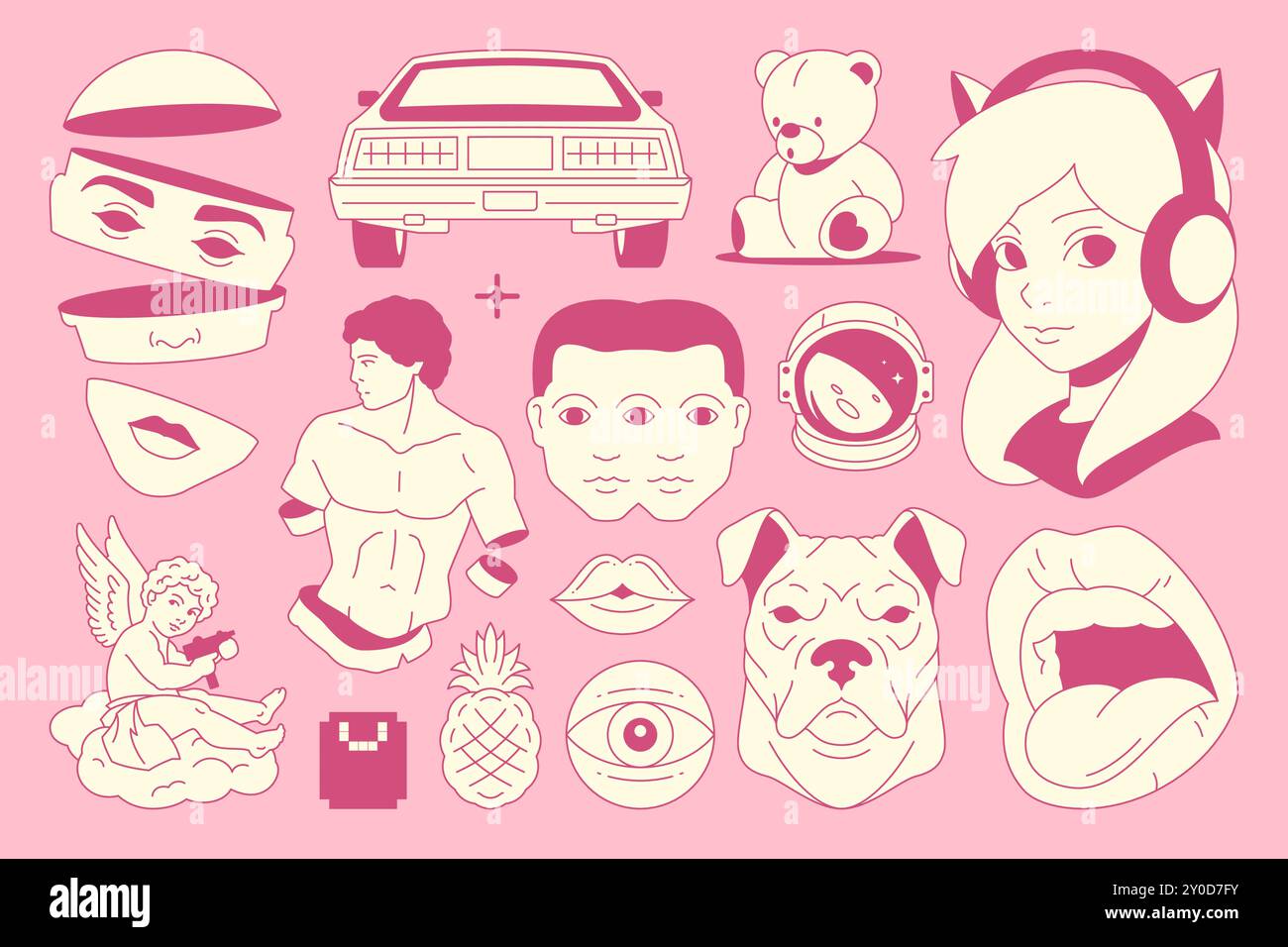 Y2k psychedelic neo gothic emo girl pink retro groovy icon set vector ...