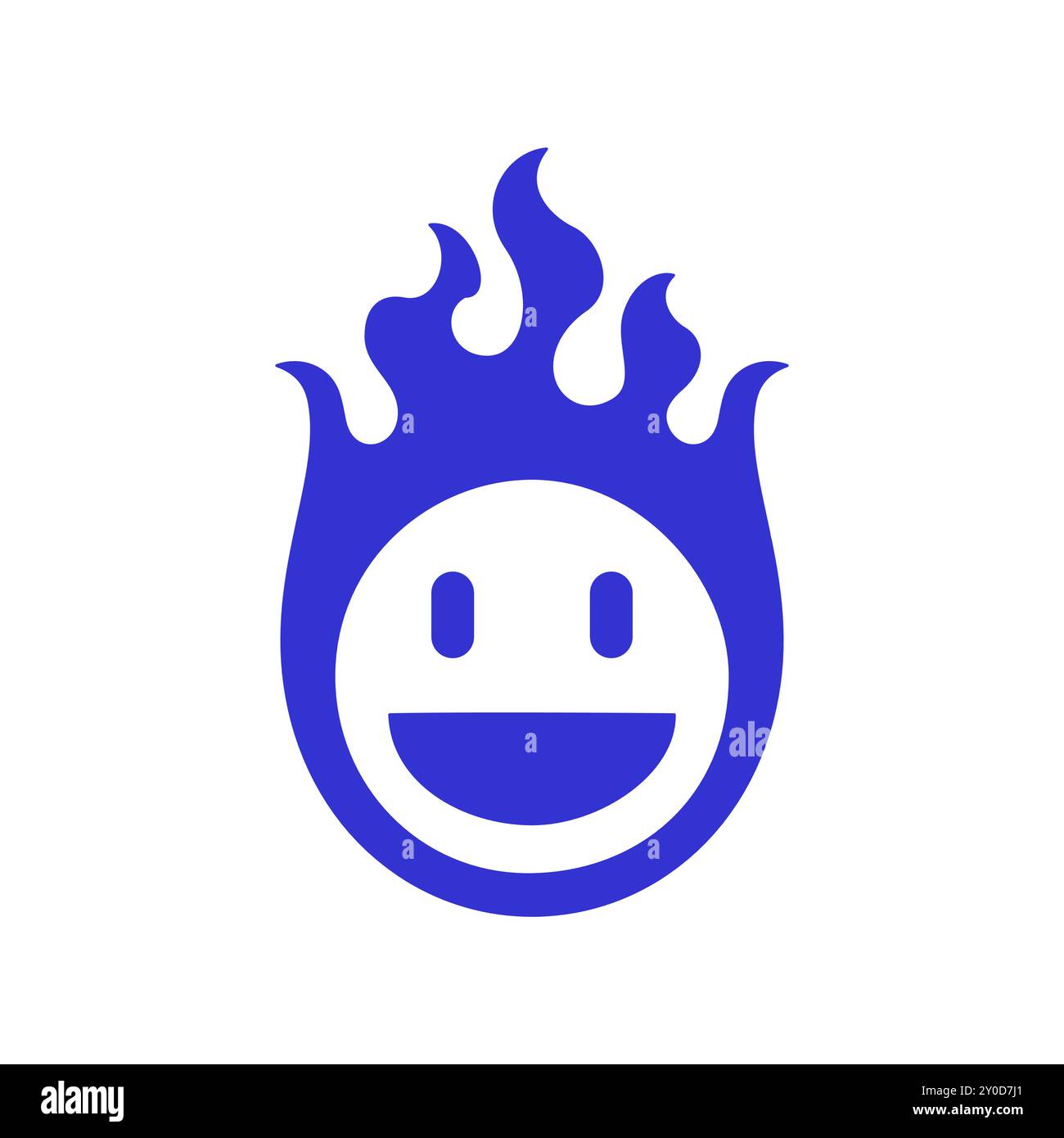 Y2k retro smiley emoticon with burning flame comic groovy blue sketch ...