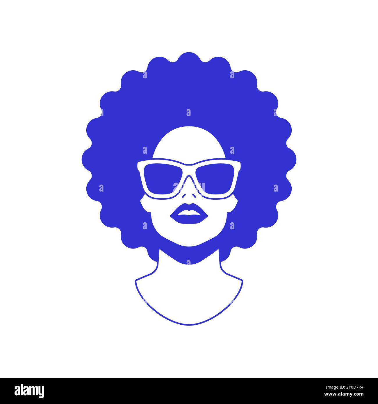Y2k fashion woman with afro hair in sunglasses comic portrait blue line ...