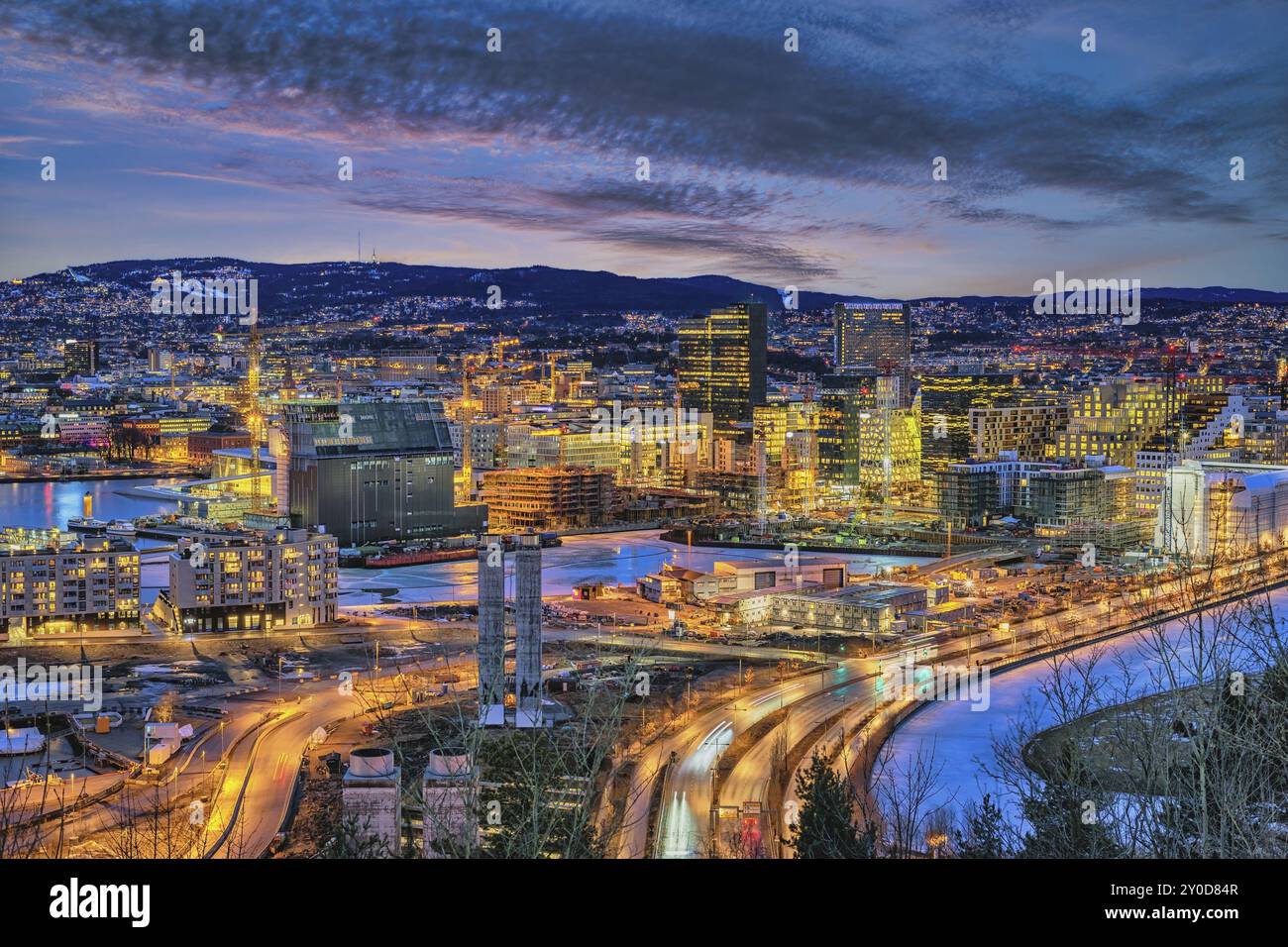 Oslo Norway, night city skyline at business district and Barcode ...