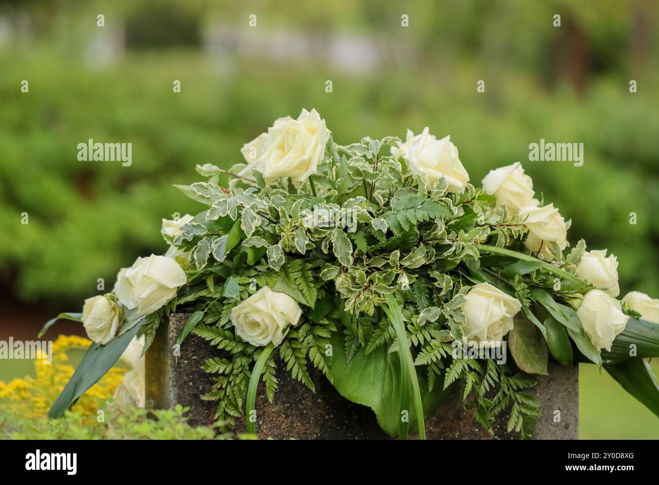 Funeral flowers on a gravestone in a cemetery. Relatives have brought memorial flowers to the ...