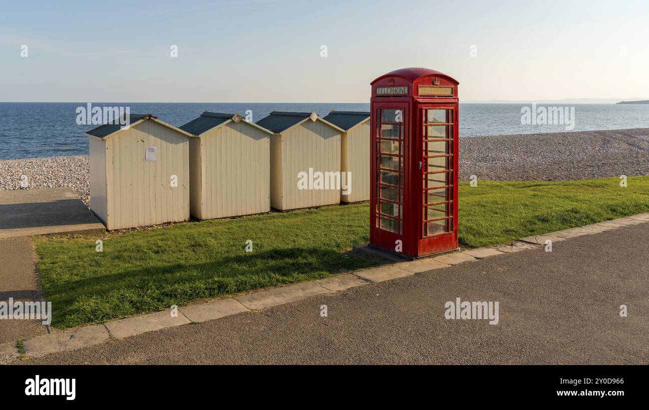 Beach huts and phone booth near trhe pebble beach, Budleigh Salterton ...