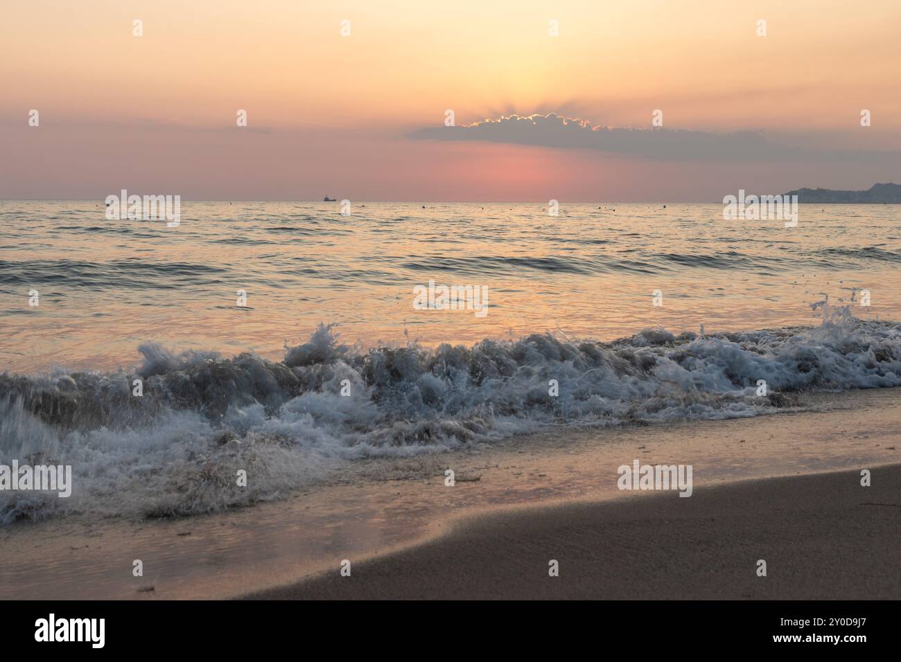Sunset at beach over the Adriatic sea near the city of Dürres in ...