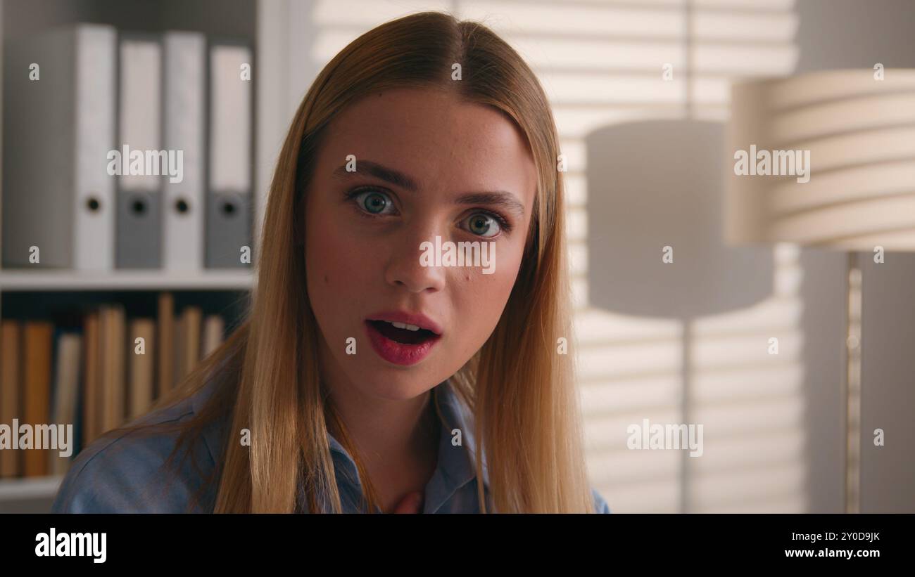 Shocked female face big eyes open mouth portrait amazed astonished stunned wonder astonish ...