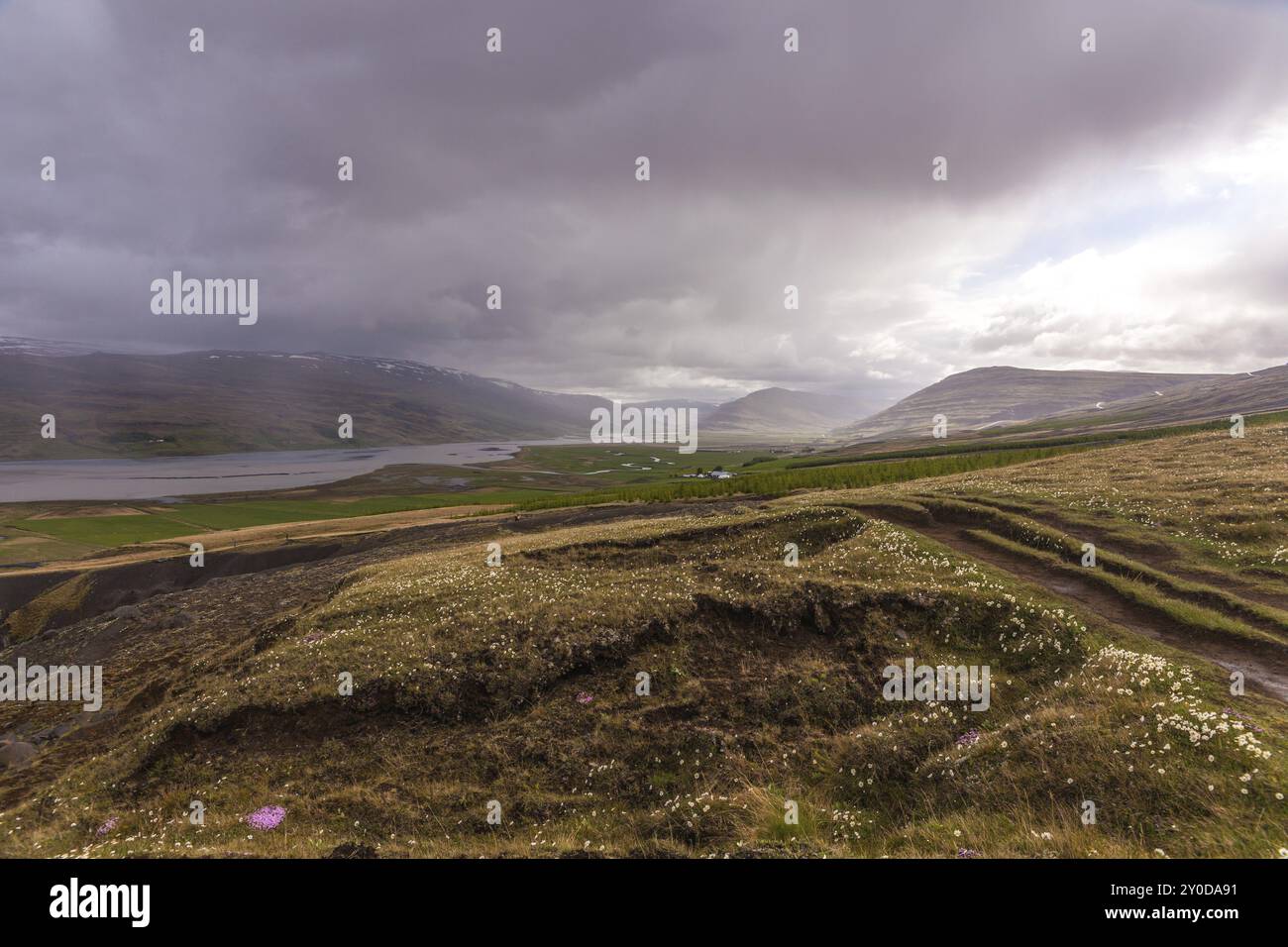 Heavy clouds hanging over a valley on Iceland Stock Photo - Alamy