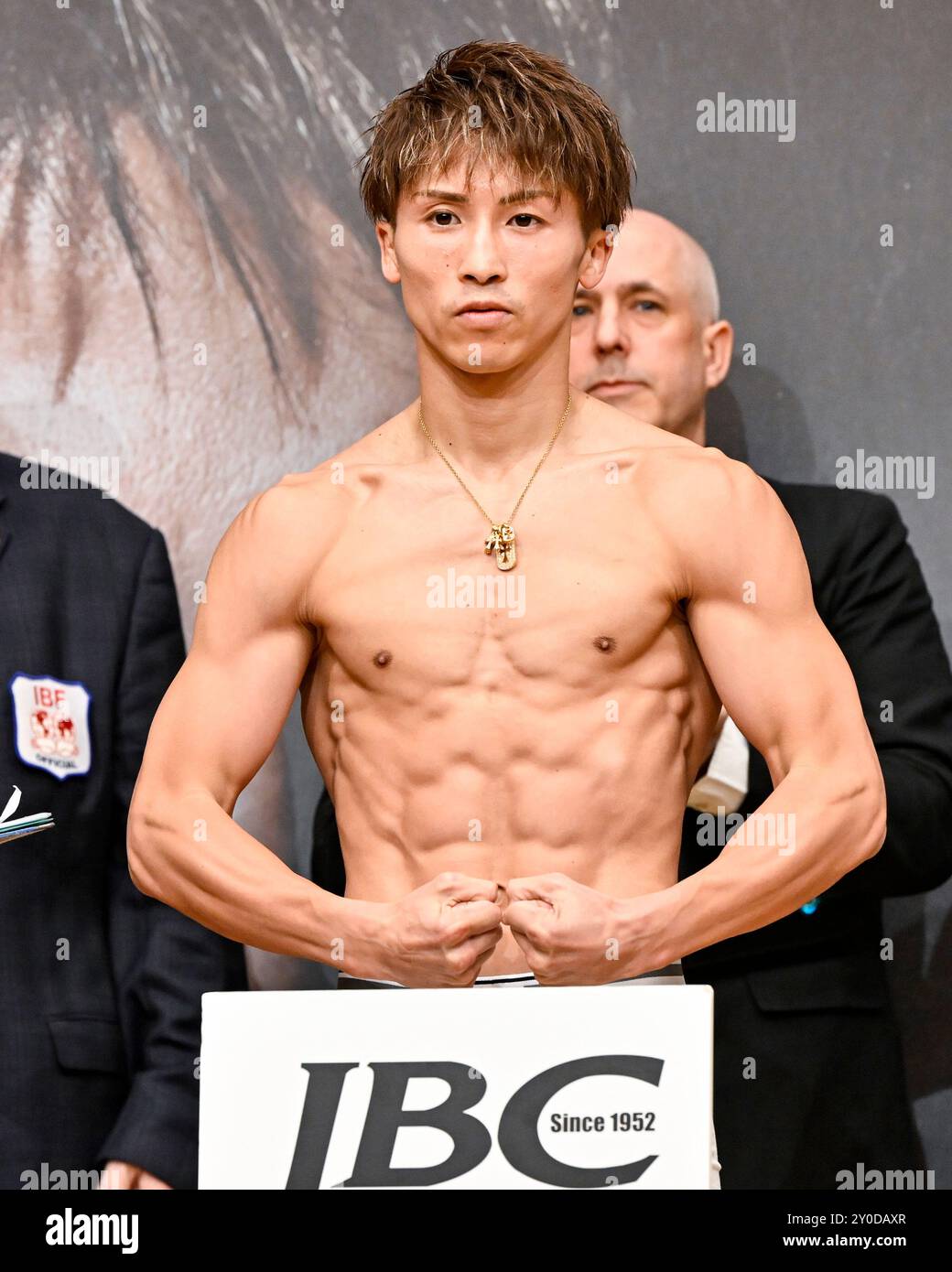 Naoya Inoue of Japan poses durimg the official weigh-in ahead of his ...