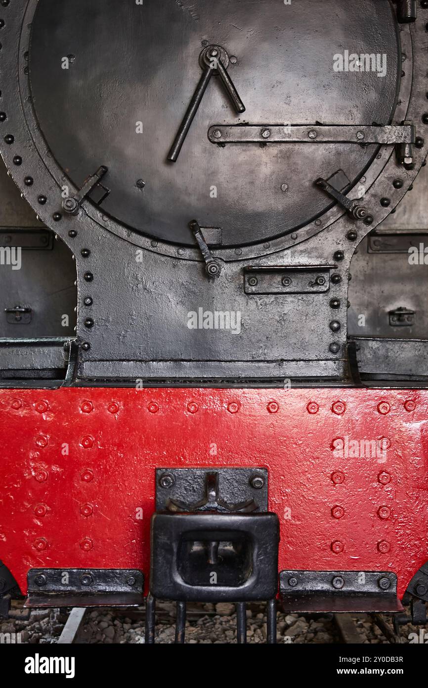 Classic steam locomotive front side detail. Old fashioned industrial ...