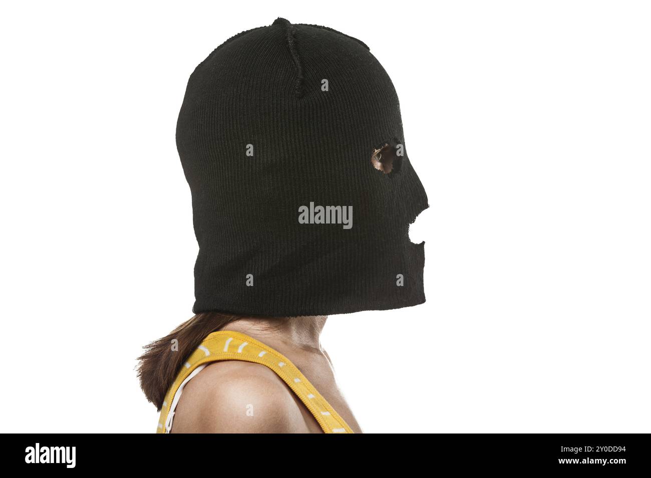 Russian protest movement concept, woman wearing balaclava or mask on ...