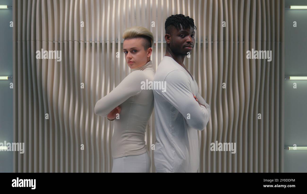 Two multiracial people metaverse cyber gamers Caucasian girl female ...