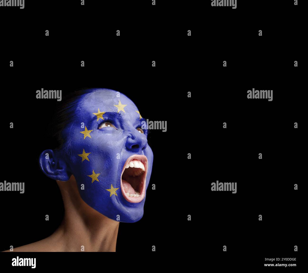 The European Union flag on the face of a screaming woman. concept Stock ...