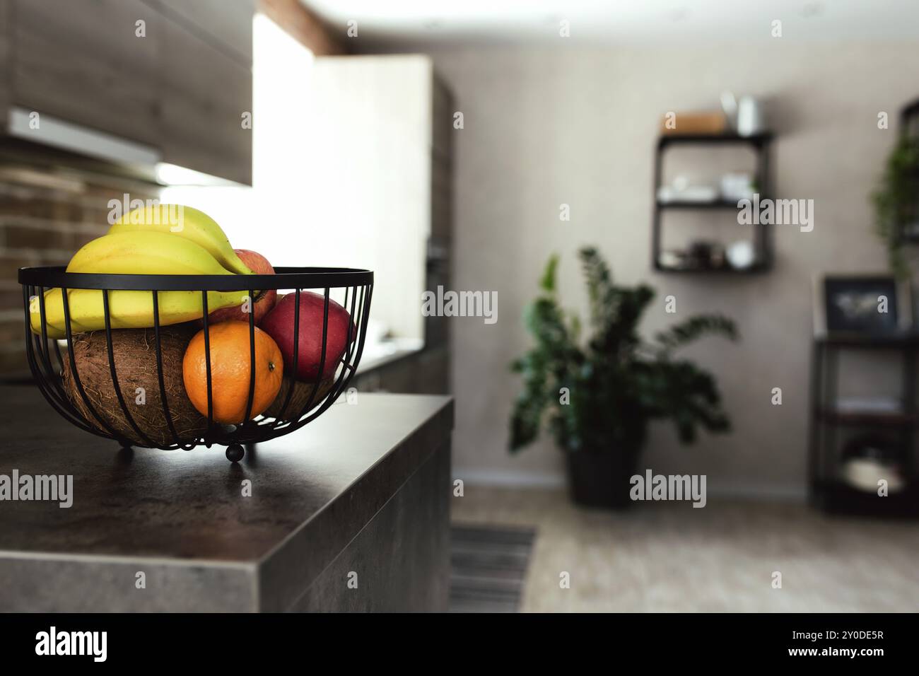 Tropical fruits: broken coconut, apple, tangerine, orange, banana in ...