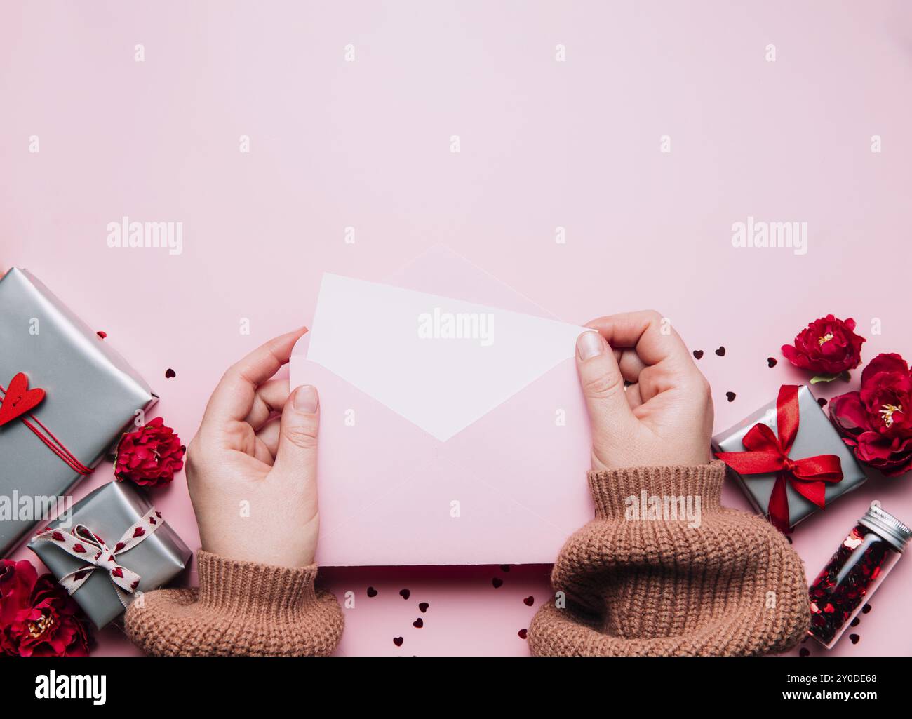Female hands hold love letter empty message in open envelope, Valentine ...