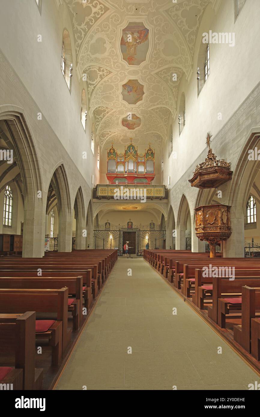 Interior view with pulpit, organ and pews, ceiling fresco, late Gothic ...