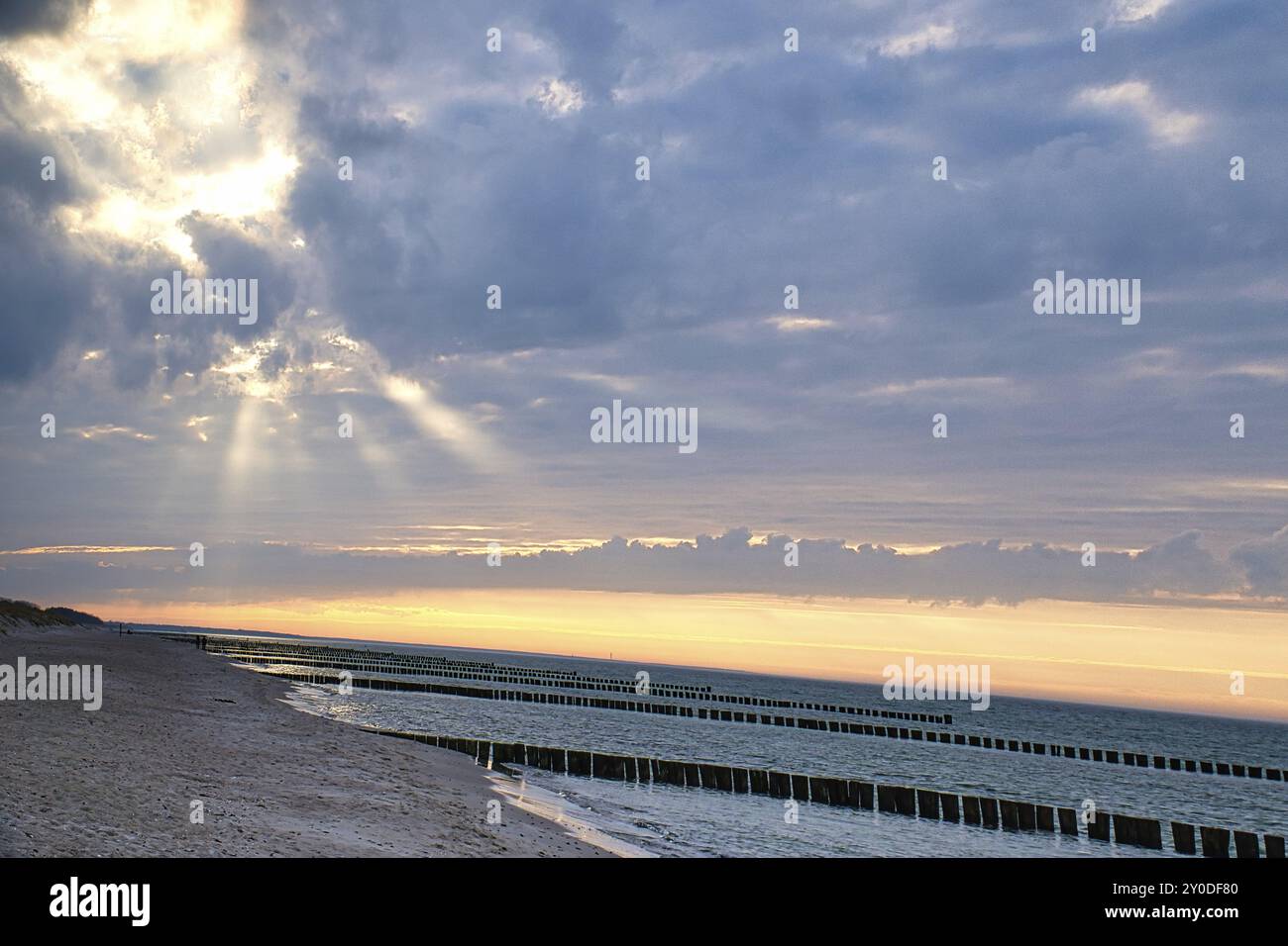 On the beach of the Baltic Sea. Sunset with strong colors, strong sun ...