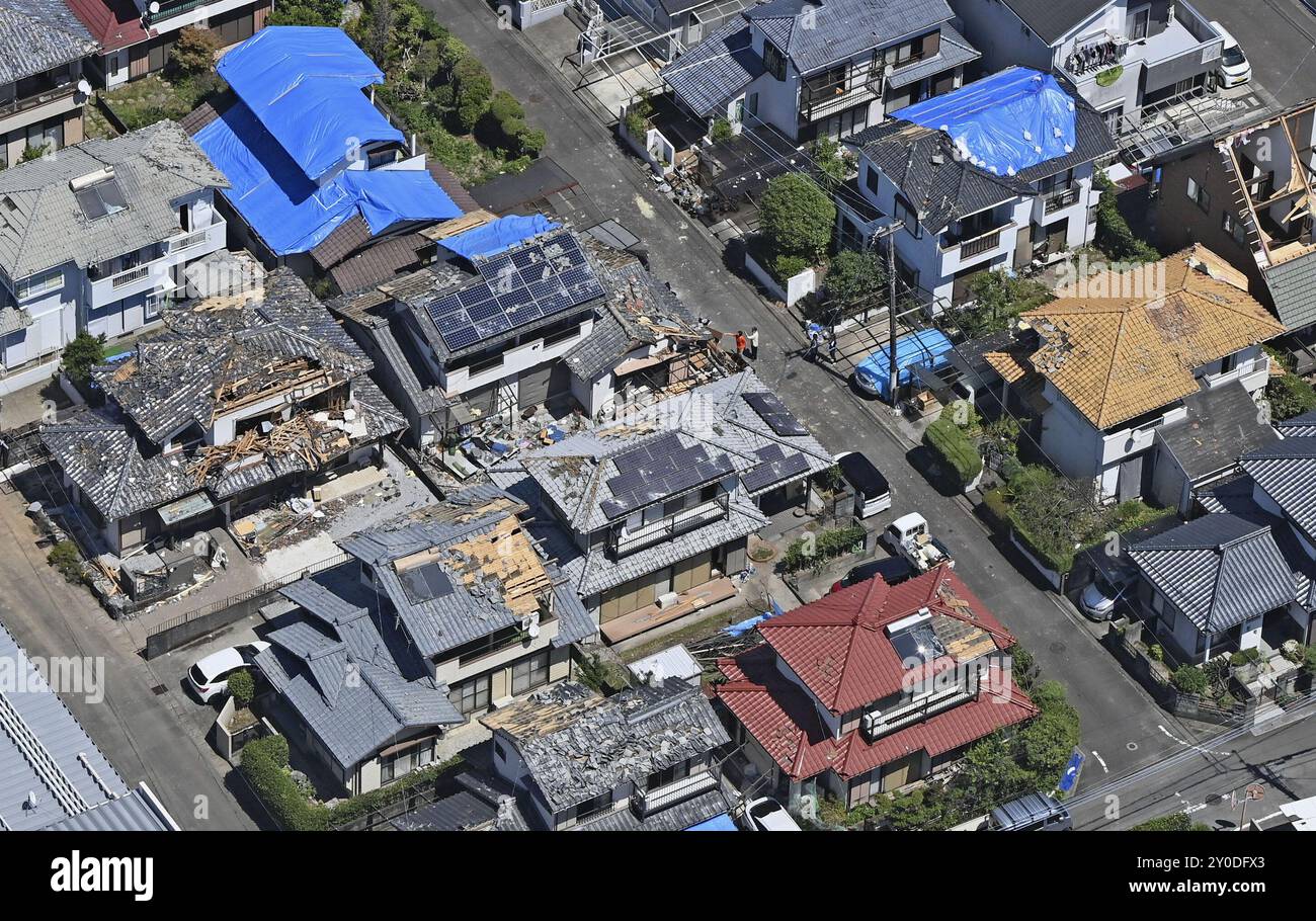 Photo taken from a Kyodo News helicopter on Sept. 1, 2024, shows houses ...