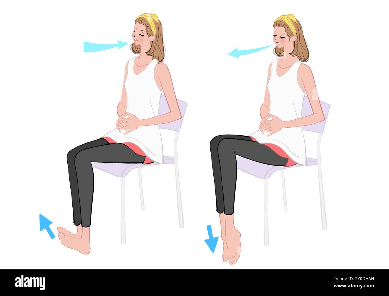 A woman sitting in a chair, taking deep breaths, and exercising by ...