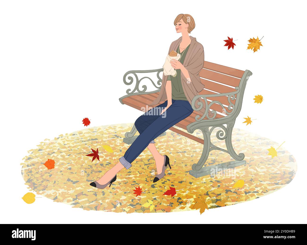 A woman sitting on a park bench under autumn trees, having a baguette ...