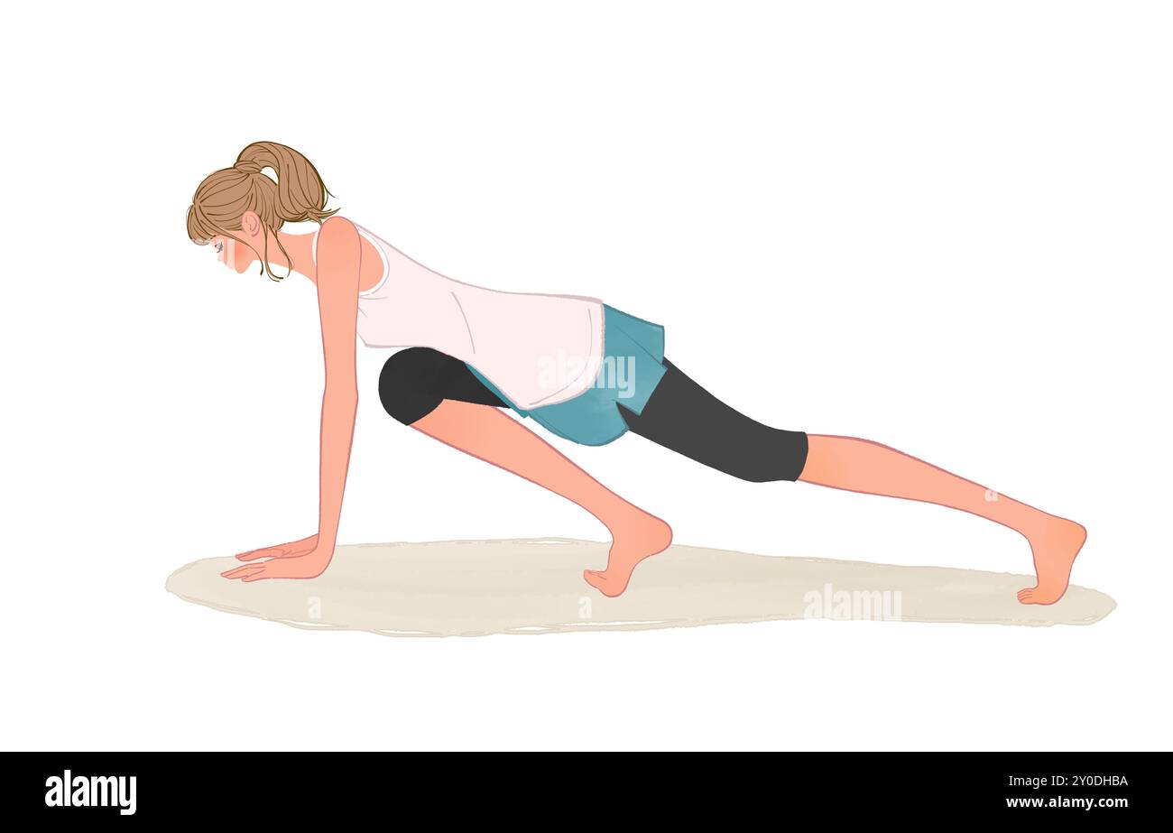 A girl having the movement to attract one leg in push ups position ...