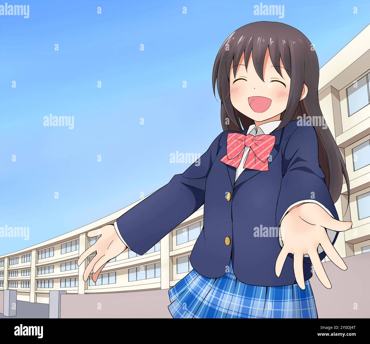 Female student opening her arms with a school building in the ...