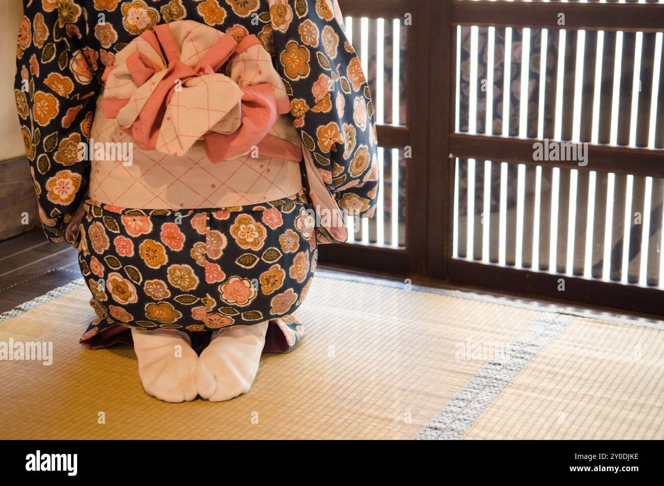 Back of woman in kimono sitting in kneeling position in front of the ...