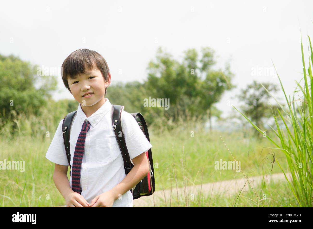Boy carrying backpack on the back, in a grassy place Stock Photo - Alamy