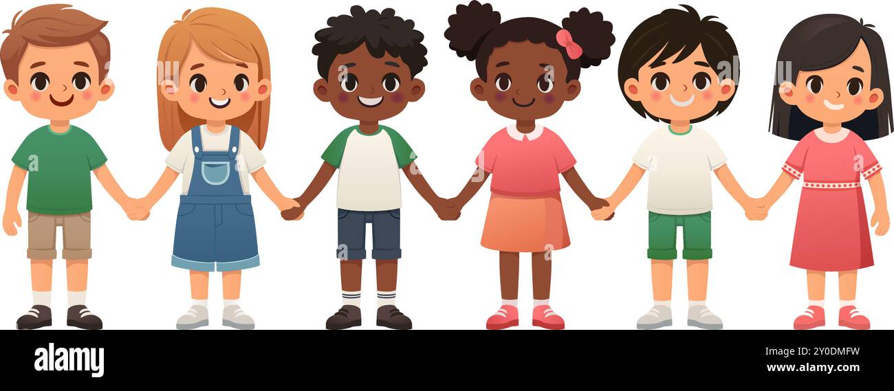 cartoon style illustration. Kids holding hands together. Different races. Happy children smiling ...