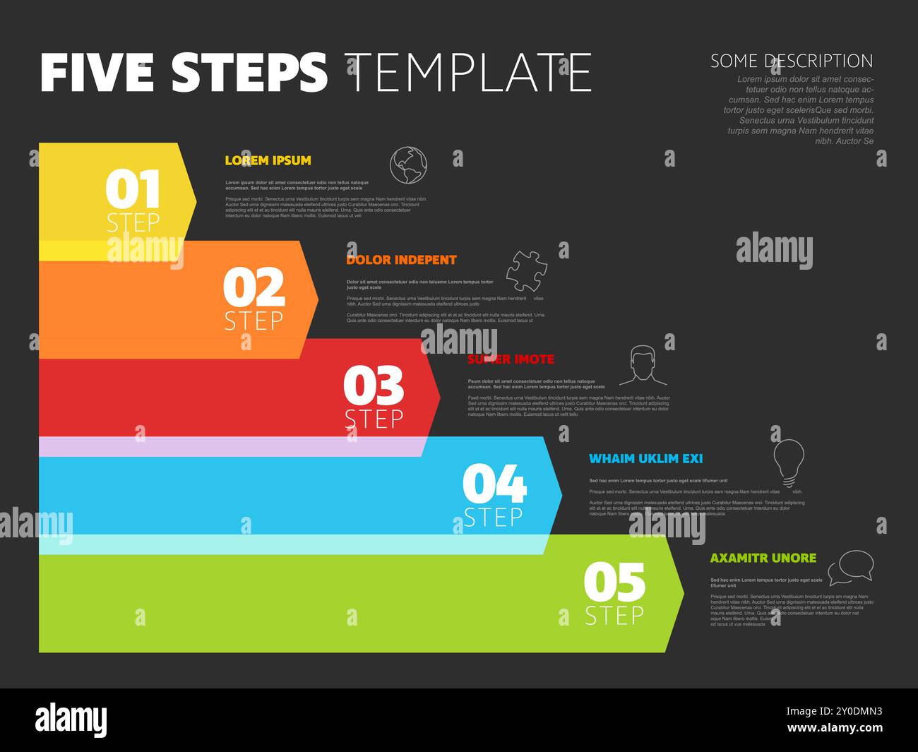 Five steps progress procedure infochart template with descriptions icons titles and big numbers ...