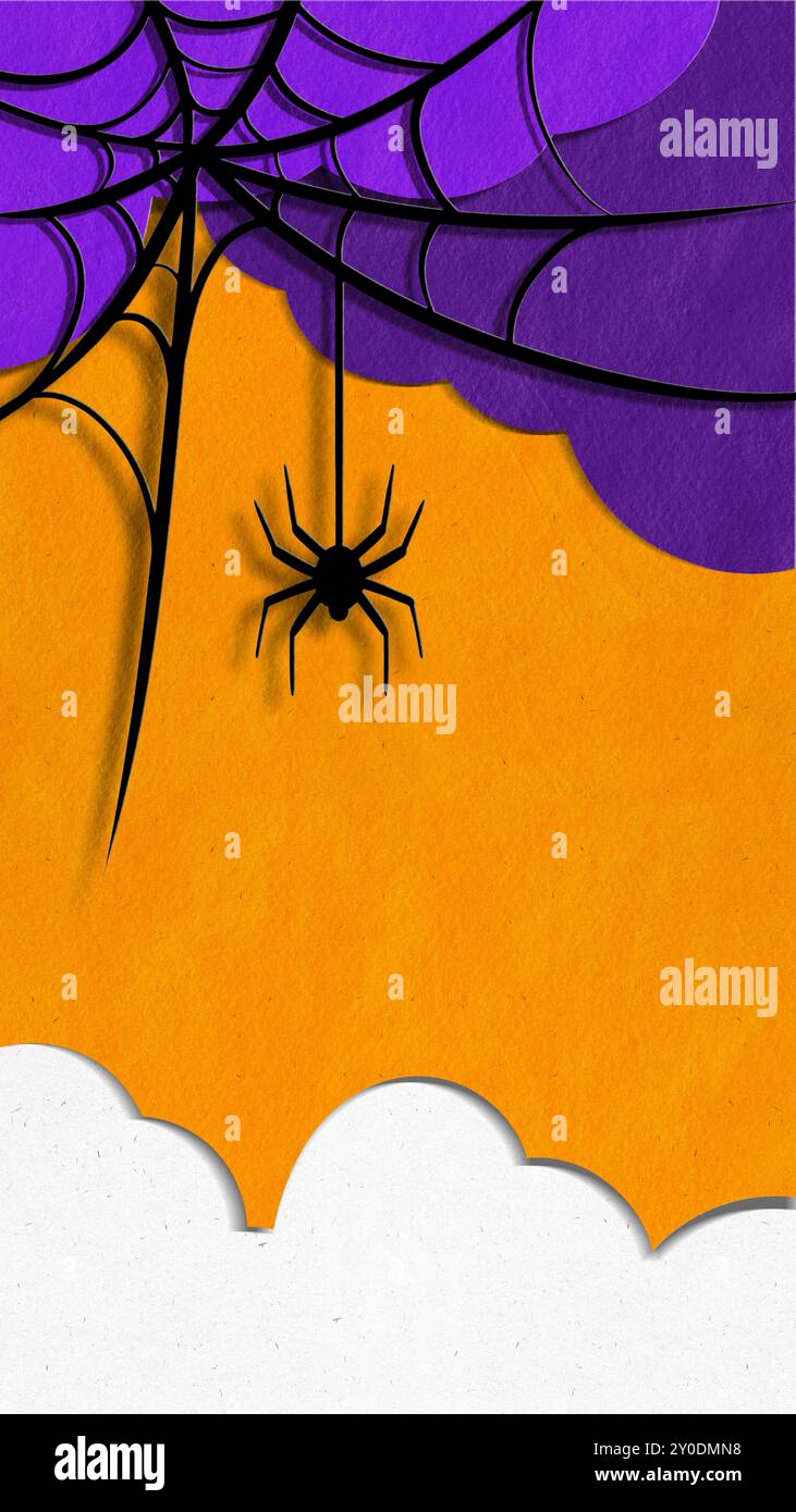 Poster. Contemporary art collage. One spider descends from its web ...