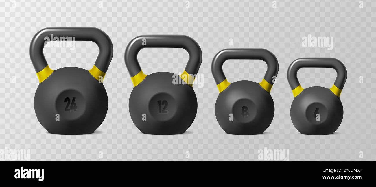 3d realistic icon illustration. Collection of different weights of kettlebells. Isolated Stock ...