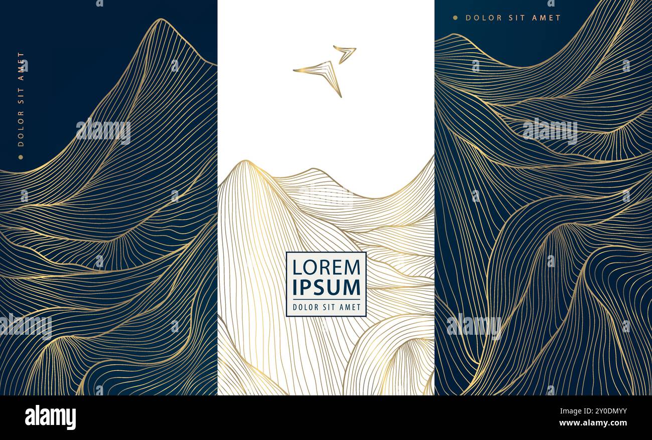 Vector set of line gold mountain art, landscape labels, posters ...