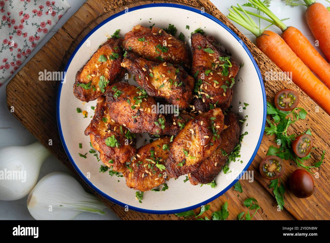 BBQ marinated chicken wings. Top view table Stock Photo - Alamy