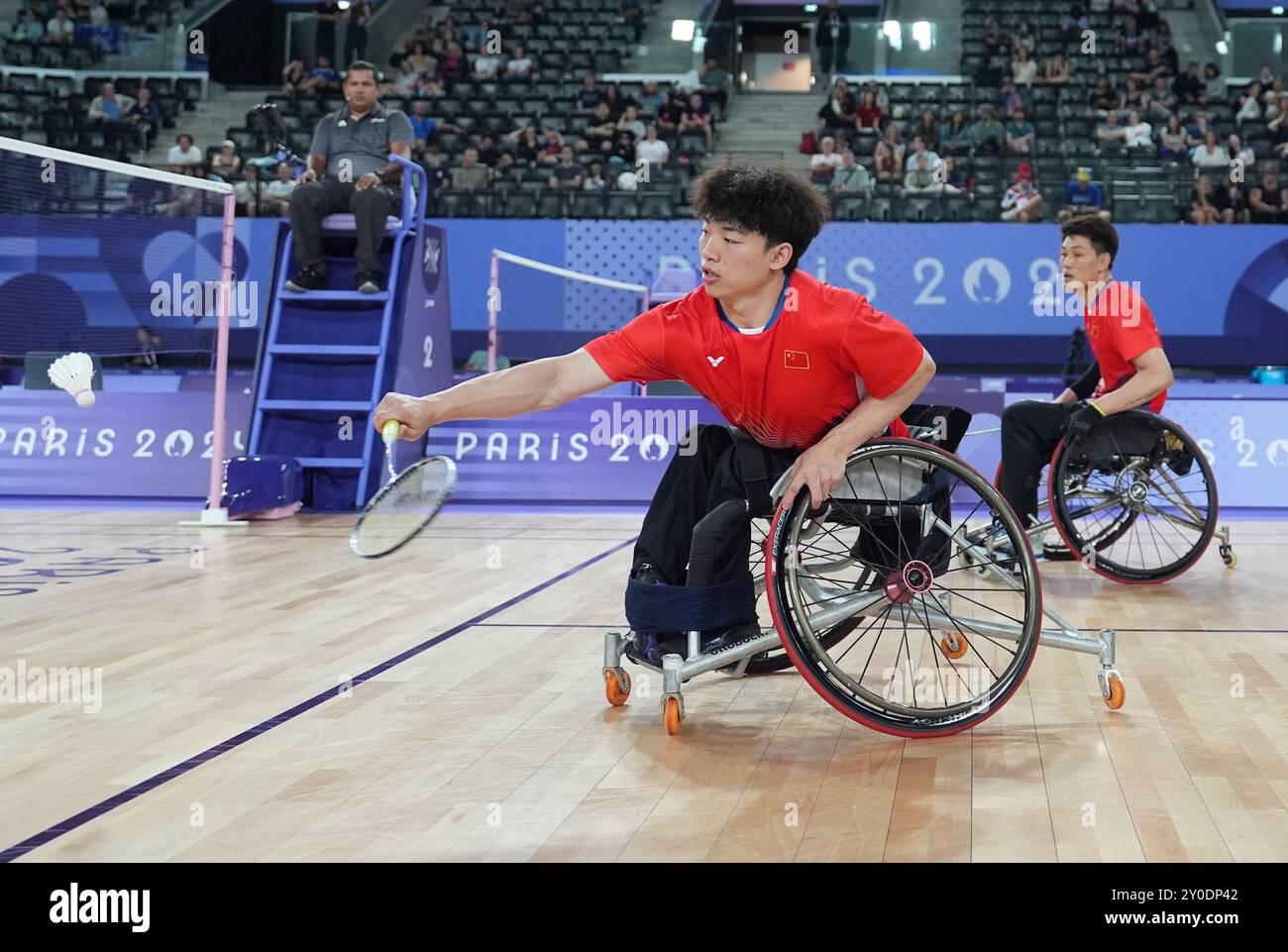 Paris, France. 1st Sep, 2024. Mai Jianpeng (R)/Qu Zimo of China compete ...