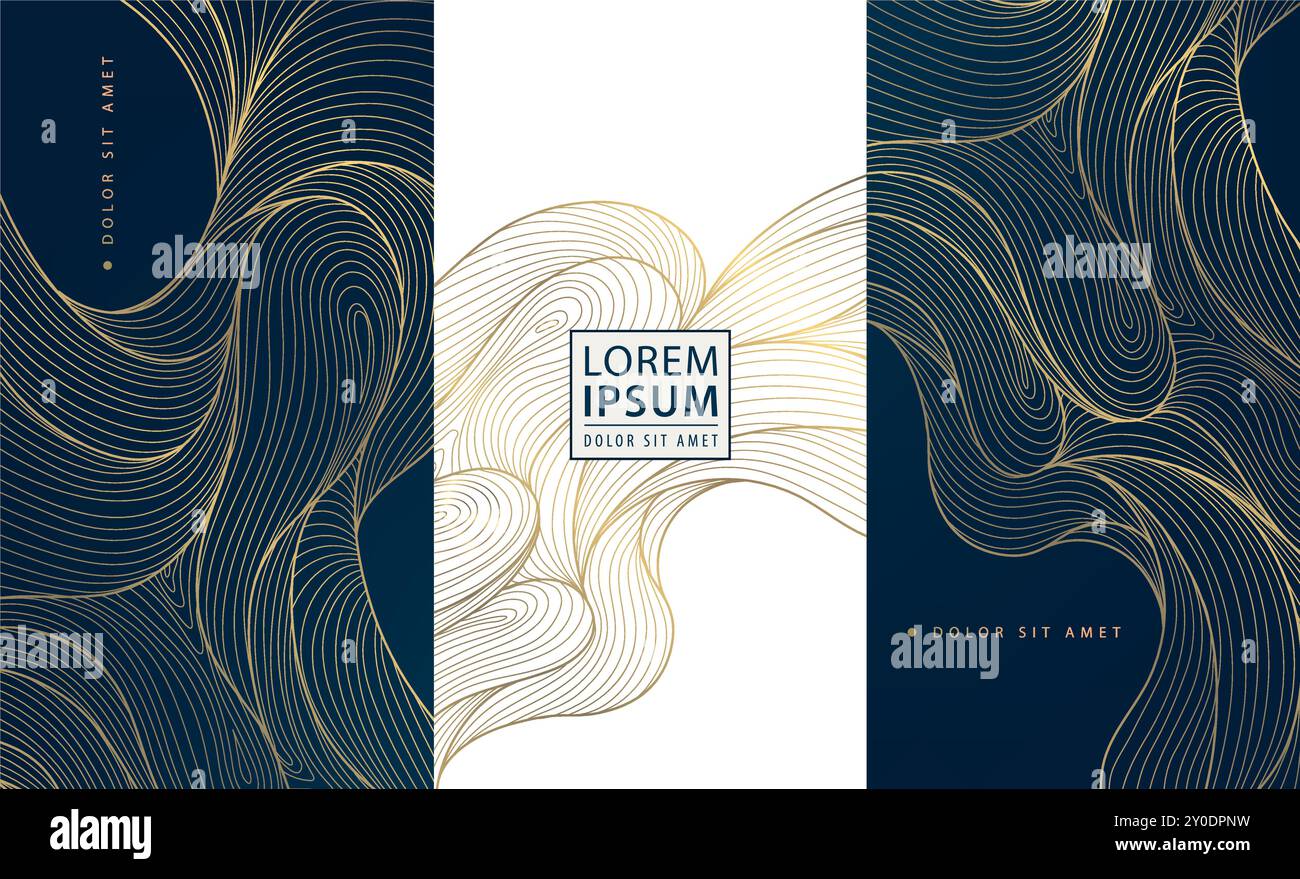 Vector set of art deco luxury wave patterns, gold and black fancy water ...