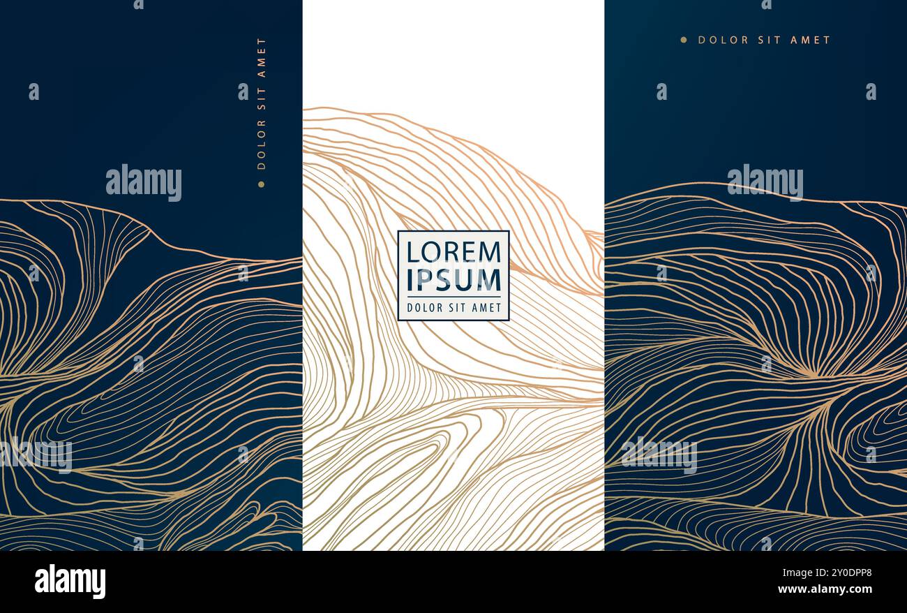 Vector set of art deco luxury wave patterns, gold and black fancy water ...