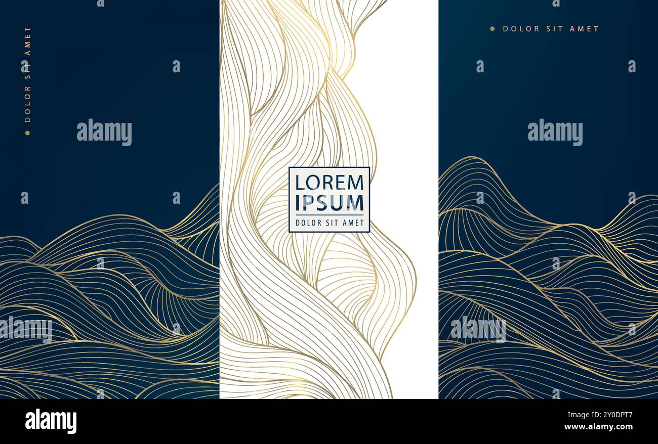 Vector set of art deco luxury wave patterns, gold and black fancy water ...