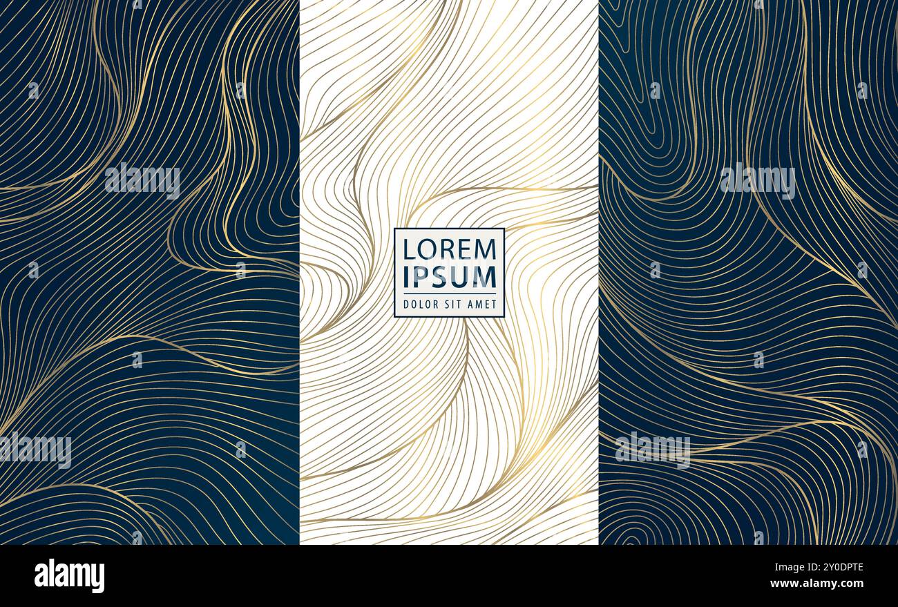 Vector set of art deco luxury wave patterns, gold and black fancy water ...